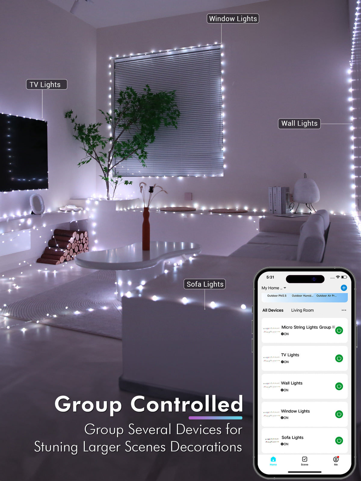 BrizLabs Smart Fairy Lights 66FT 200 LED App Controlled Compatible wit