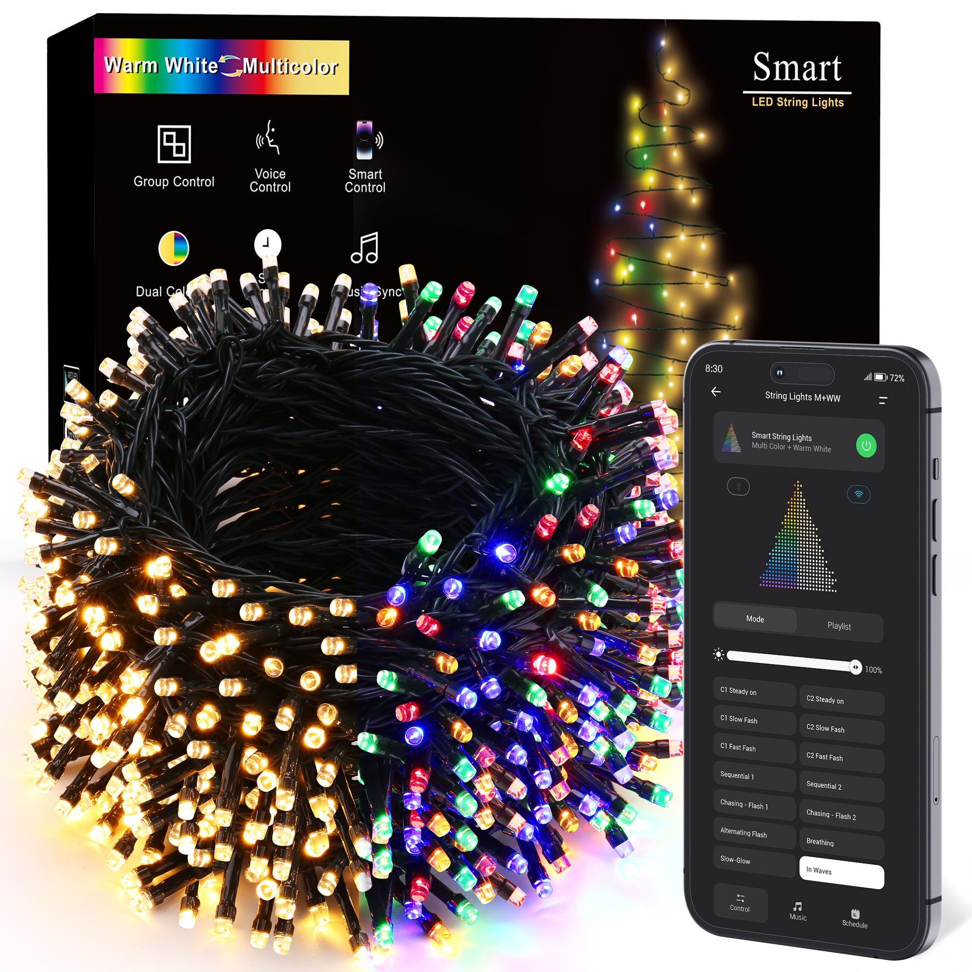 Smart Mini Christmas Lights, 262FT 800 LED,Warm White & Multicolor Col